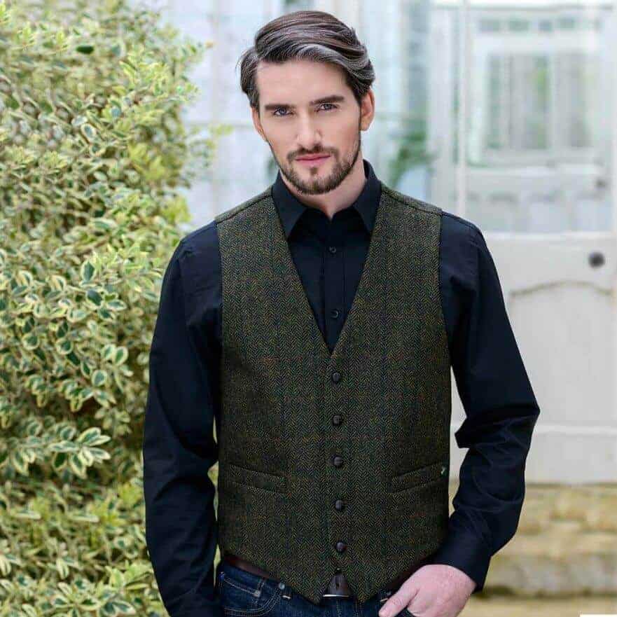 Irish Tweed Vest For Men – Green Herringbone – Celtic Clothing Company