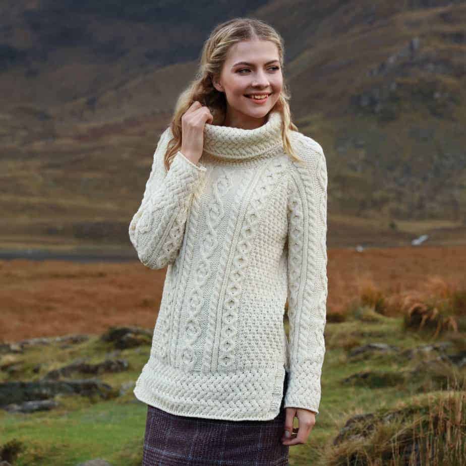 Irish Wool Cowl Neck Sweater For Women – Natural – Celtic Clothing Company