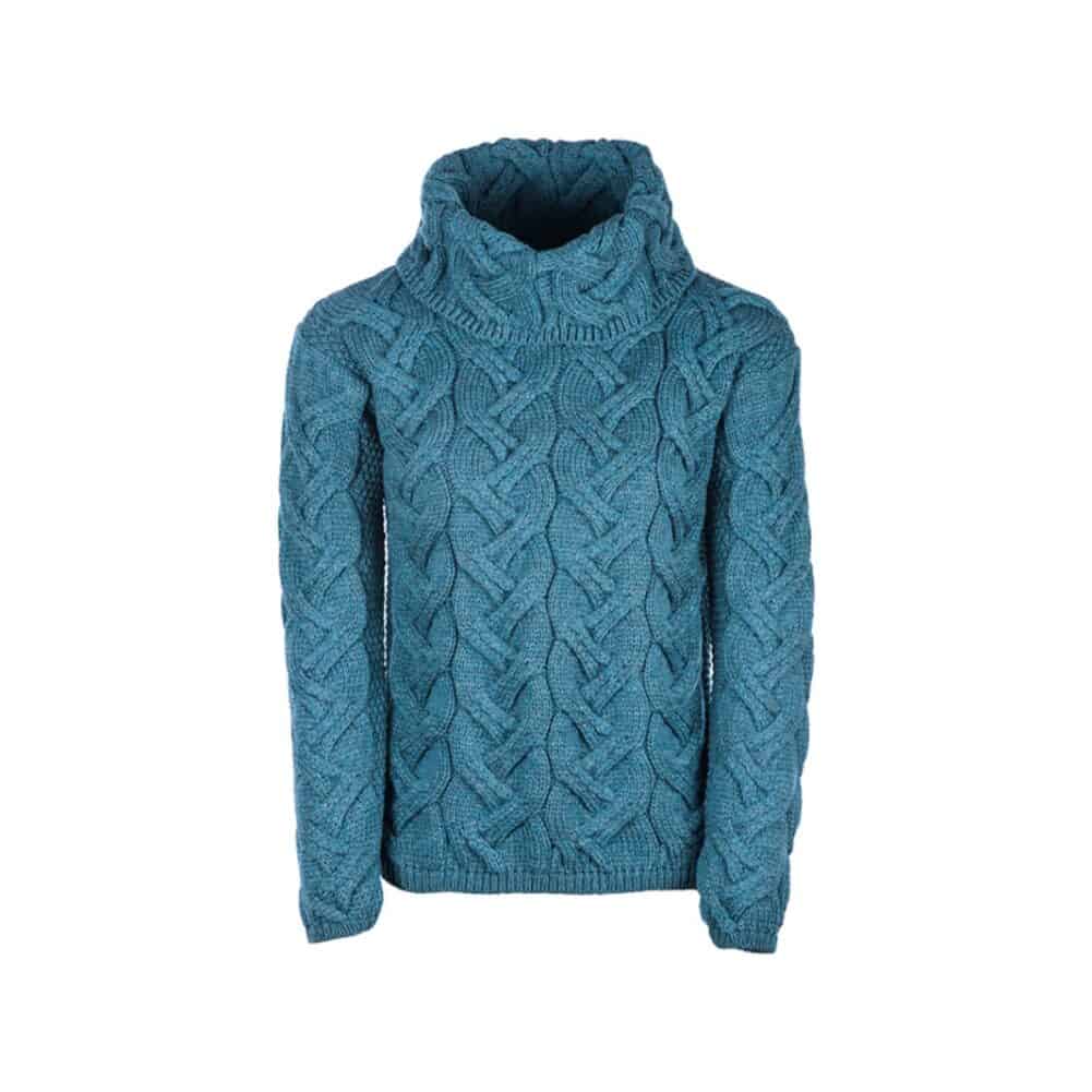 Super Soft Chunky Cable Cowl Neck Sweater Blue Celtic Clothing Company