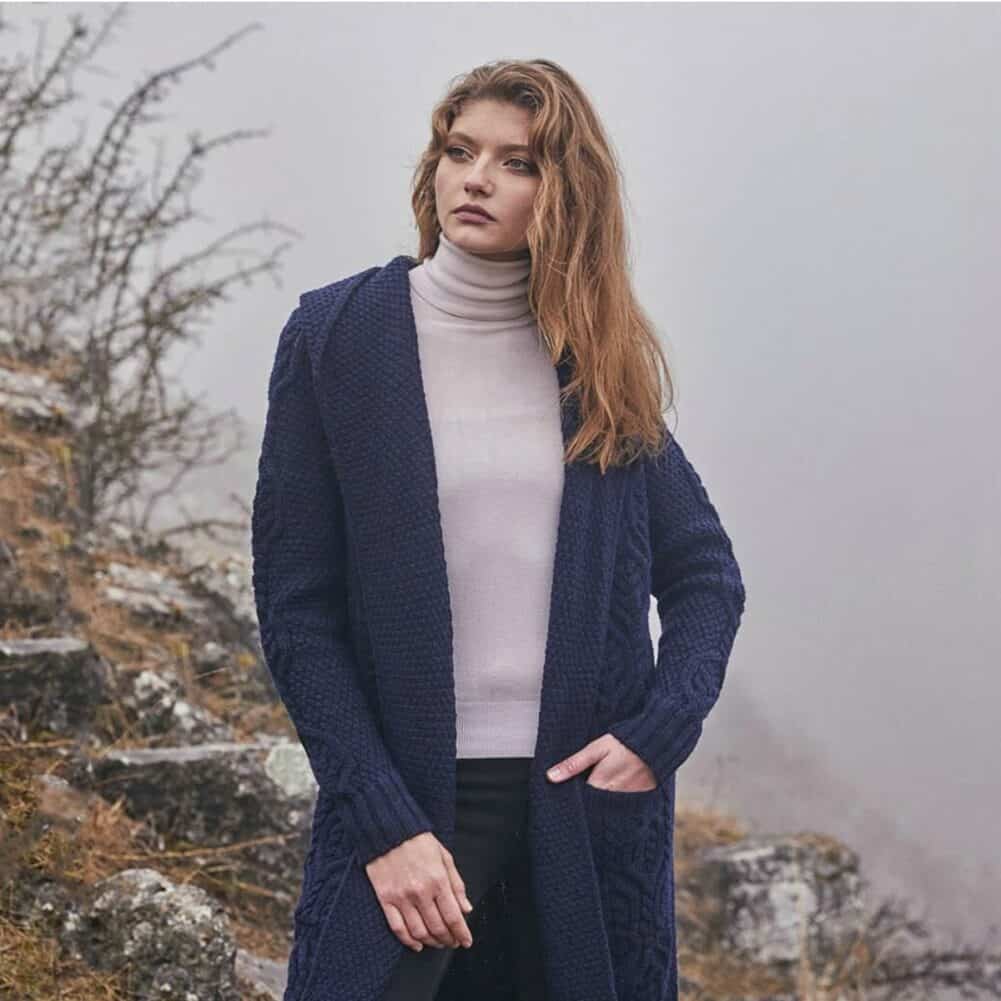 Ladies Long Celtic Cardigan with Hood – Navy – Celtic Clothing Company