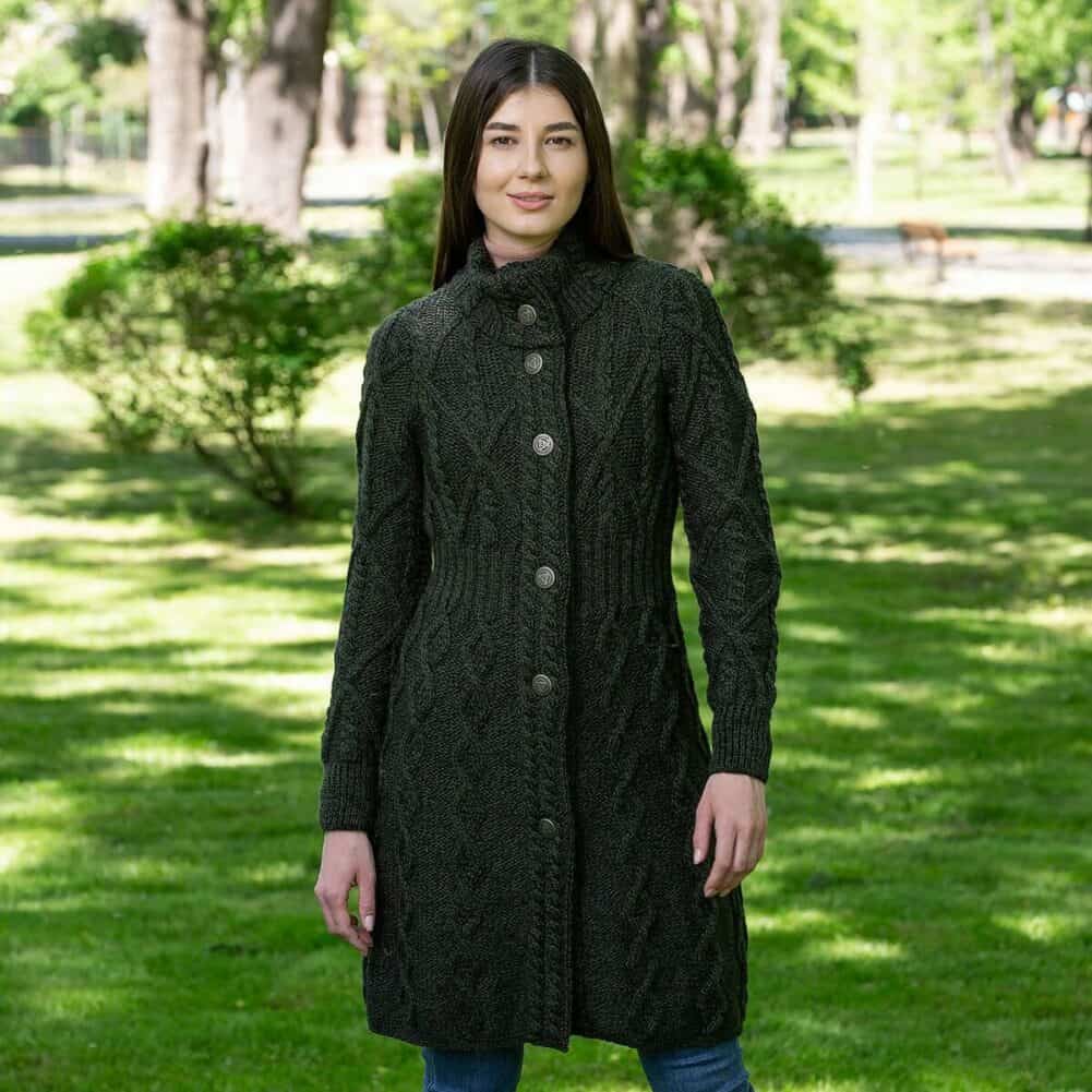 Ladies Aran Cable Coat – Army Green – Celtic Clothing Company