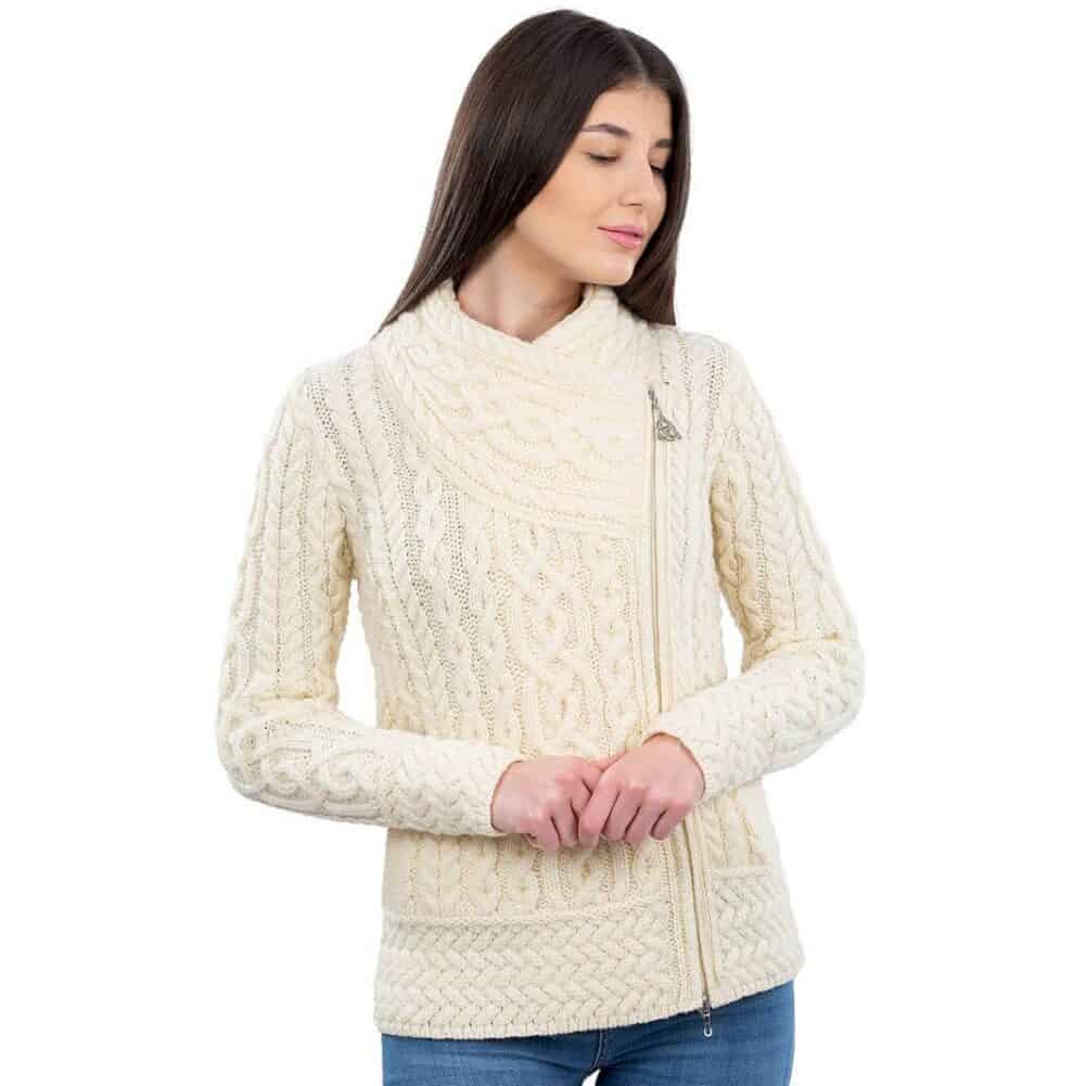 Ladies Irish Cable Knit Side Zip Cardigan – Natural – Celtic Clothing ...