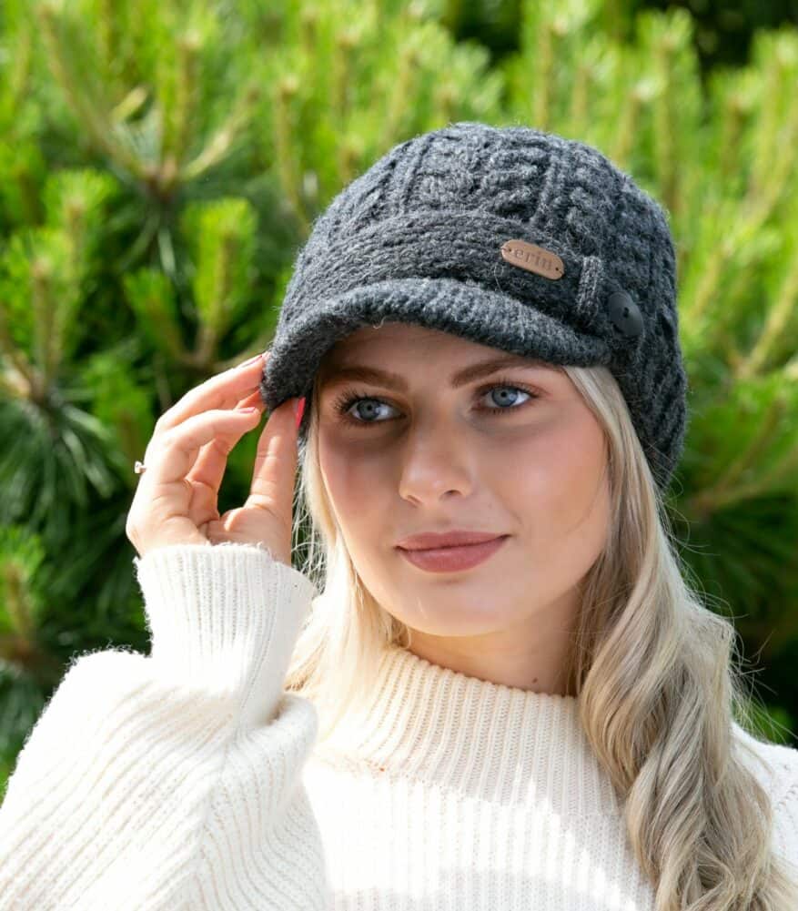 Cable Knit Wool Peak Cap For Women – Gray – Celtic Clothing Company