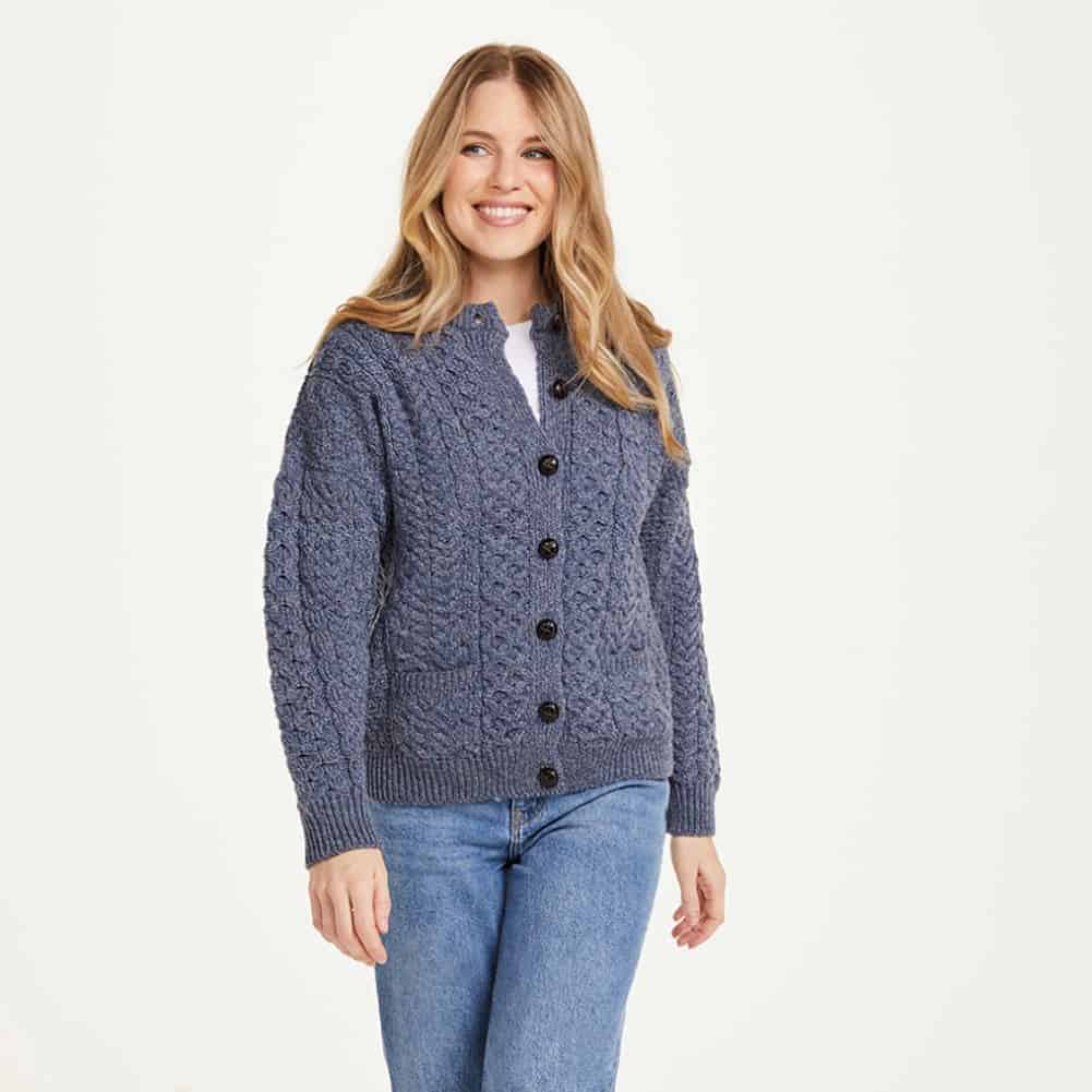 Ladies Irish Wool Cardigan – Marl Blue – Celtic Clothing Company