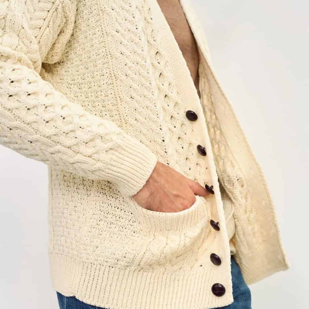 Men’s Irish V-Neck Sweater Cardigan – Natural – Celtic Clothing Company