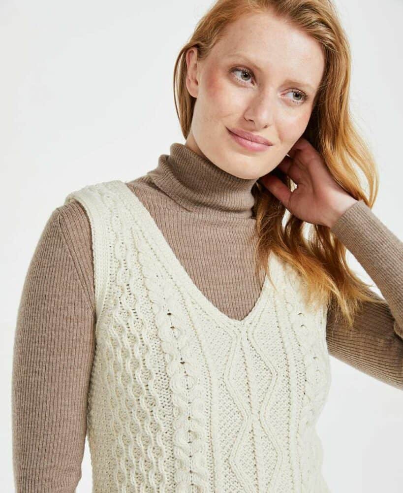 Ladies Aran V Neck Sweater Vest Natural Celtic Clothing Company