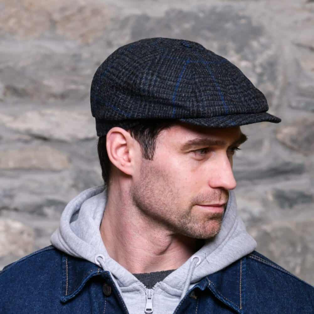 Traditional Irish Tweed Driving Cap – Dark Blue Thin Line – Celtic Clothing Company