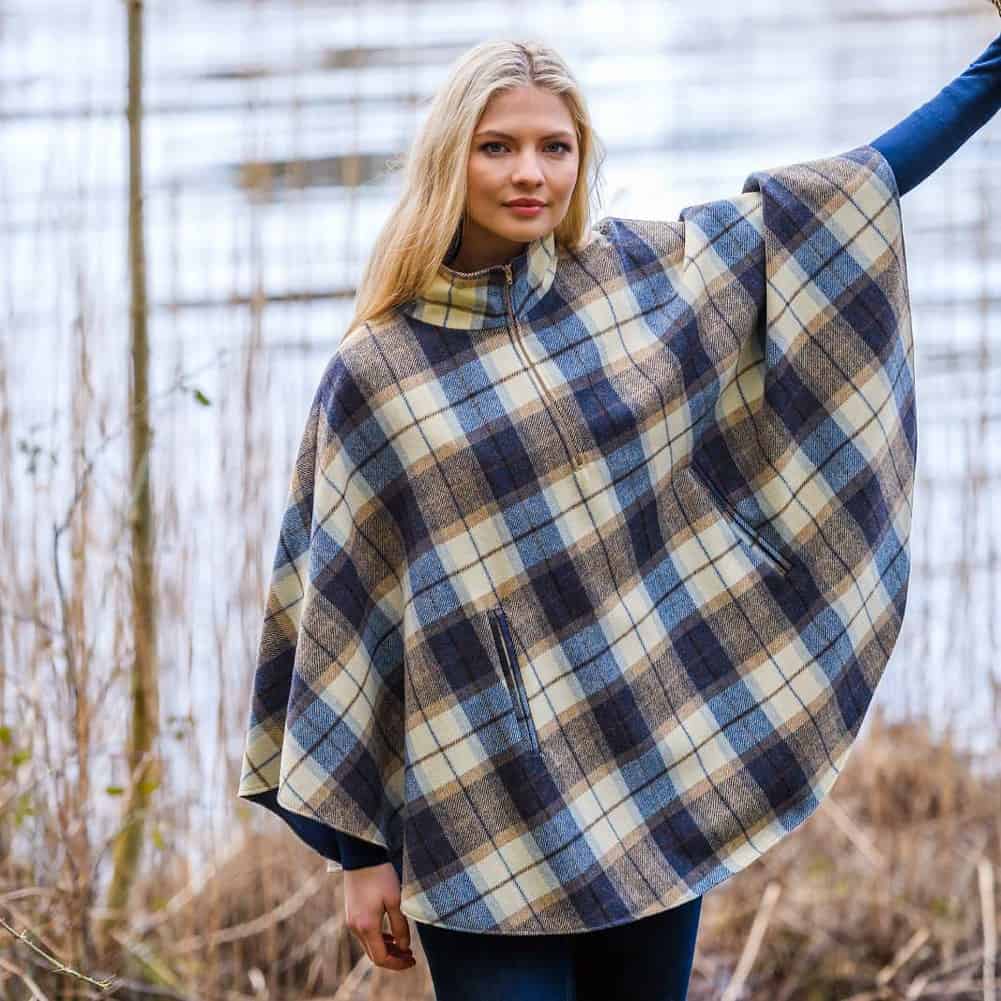 Ladies Half Zip Tweed Poncho – Blue Plaid – Celtic Clothing Company