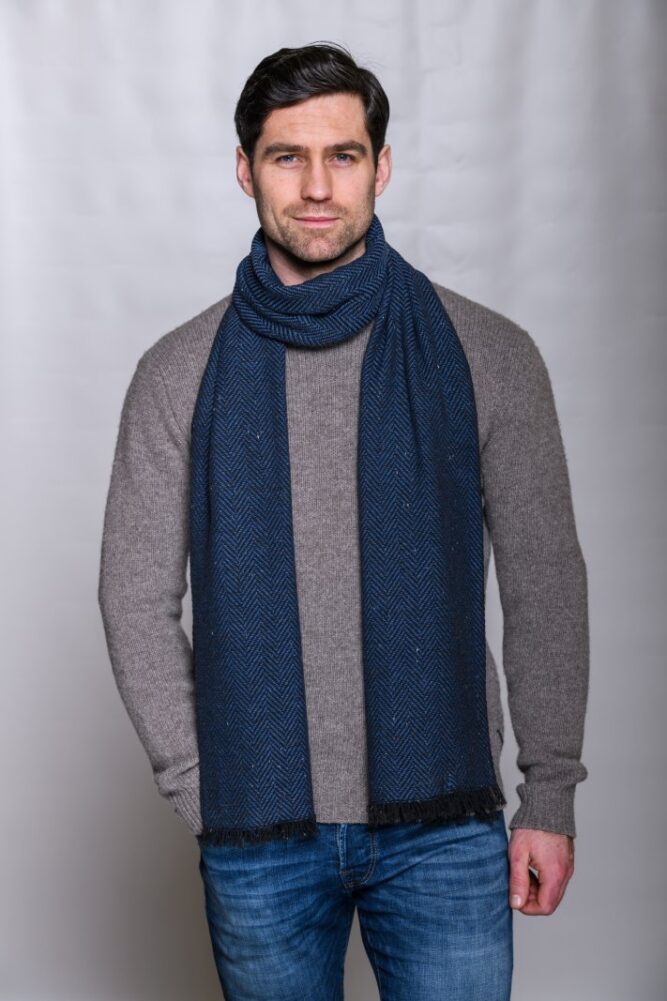 Soft Donegal Men’s Tweed Scarf – Blue Herringbone – Celtic Clothing Company