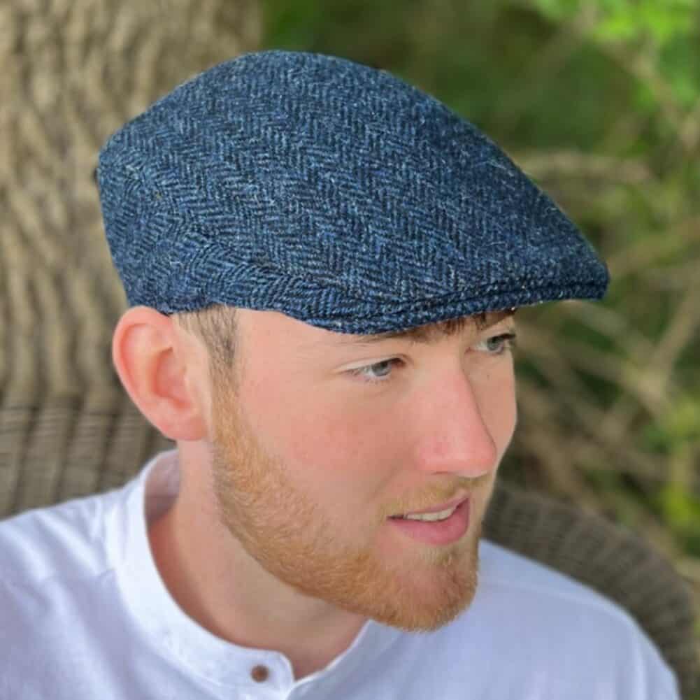 Traditional Irish Touring Cap – Blue, Black Herringbone – Celtic Clothing Company